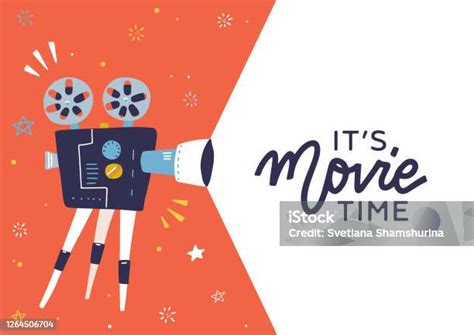 영화 프로젝터와 텍스트 영역이 있는 트렌디한 영화 타임 컨셉 레이아웃과 인용문 그것은 영화 시간입니다 멋진 영화 포스터 전단지 또는 필름 릴과 상세한 복고풍 프로젝터 배너