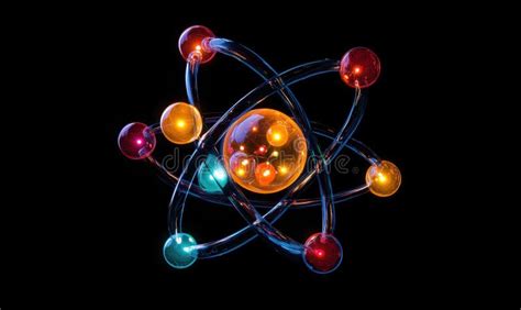 Colorful 3d Atom Model With Electrons Orbiting Nucleus Vibrant Lights And Modern Design Stock