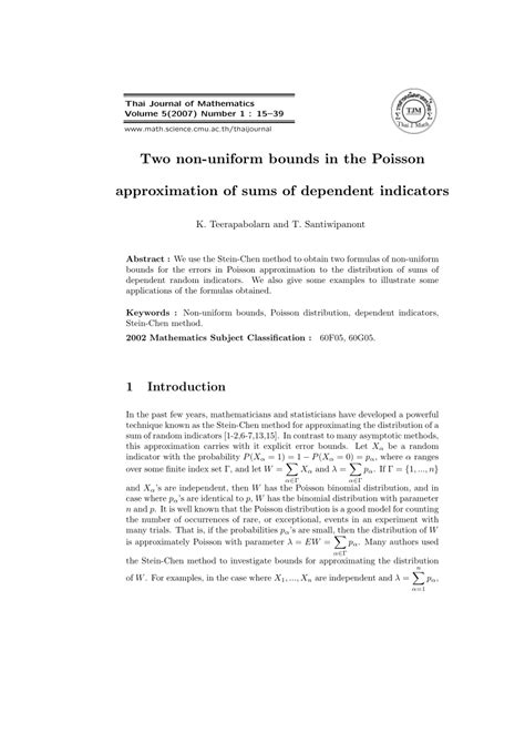 Pdf Two Non Uniform Bounds In The Poisson Approximation Of Sums Of Dependent Indicators