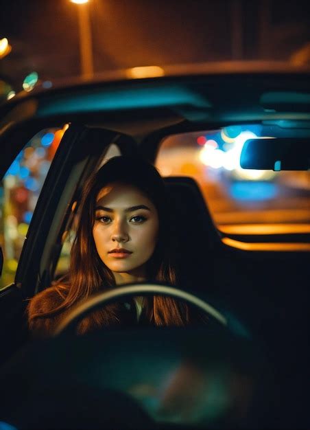Premium Photo A Woman In A Car With A Light On The Top Of Her Head