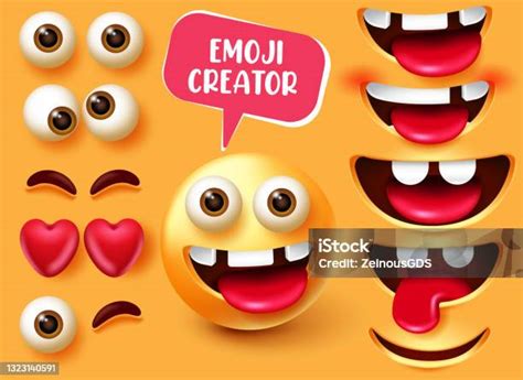 이모티콘 크리에이터 벡터 세트 디자인 이모티콘 3d 는 웃는 이모티콘 컬렉션을위한 눈 치아 및 입 요소와 같은 편집 가능한 키트로 재미있고 행복한 캐릭터 얼굴 표정으로 3d