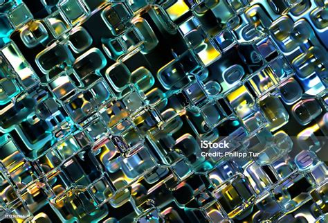 파란색과 노란색 네온 라이트 컬러의 거울 반사 효과가있는 큐비 탈 모자이크 그리드 패턴의 초현실적 인 액체 금속 및 유리 물질과 추상 미술 3d 배경 질감의 3d 렌더링