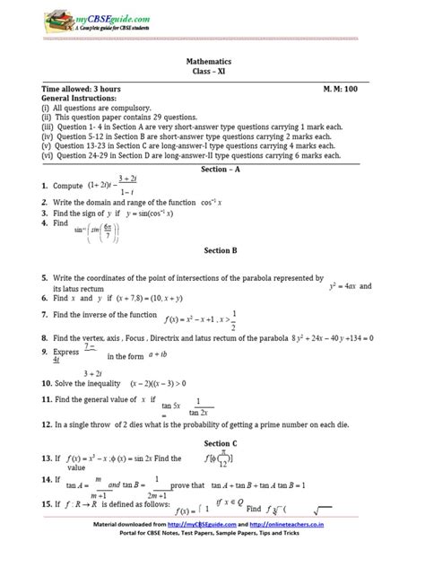 2017 11 Sample Paper Mathematics 01 Qp Pdf Mathematical Objects