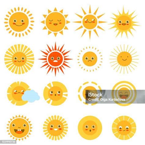 태양 문자 귀여운 행복한 여름 날씨 아이콘 유치 한 맑은 감정 재미있는 해변 미소 햇빛 아기 이모티콘 다른 광선과 얼굴노란색 원 프린트 디자인 벡터 만화 세트 태양 하늘에