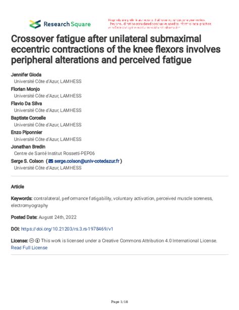 Pdf Crossover Fatigue After Unilateral Submaximal Eccentric