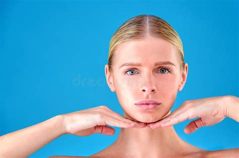 Perfect Blonde Girl Young Blonde Girl At Blue Background Close Up