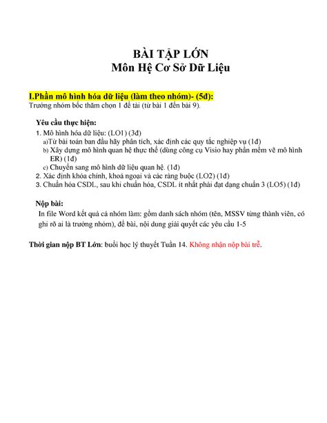 Bt Lon Csdl Hệ Cơ Sở Dữ Liệu Sql BÀi T¾p Làn Môn Hệ Cơ Sở Dữ Liệu Iần Mô Hình Hóa Dữ Liệu