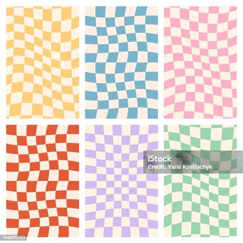그루비 히피 70s 벡터 배경 세트 체스판 패턴 트렌디한 복고풍 사이키델릭 스타일의 뒤틀리고 왜곡된 벡터 질감 강렬하고 밝은 색상에 대한 스톡 벡터 아트 및 기타 이미지