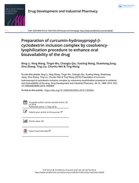 Pdf Preparation Of Curcumin Hydroxypropyl β Cyclodextrin Inclusion