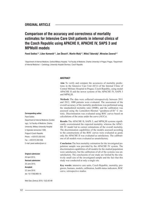 Pdf Comparison Of The Accuracy And Correctness Of Mortality Estimates For Intensive Care Unit
