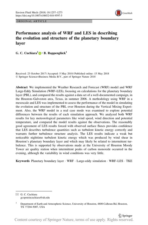 Performance Analysis Of Wrf And Les In Describing The Evolution And Structure Of The Planetary
