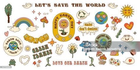 유행하는 복고풍 만화 스타일의 복고풍 지구 만화 캐릭터 행성 스티커 지구 또는 세계 환경의 날을 위한 스티커 팩 행성 지구의