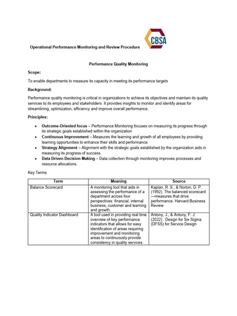 Operational Performance Monitoring And Review Procedure Pdf Design For Six Sigma Business