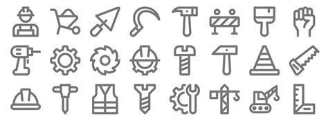 노동일 선 아이콘 선형 집합입니다 눈금자 크레인 나사 보안 헬멧 교통 콘 원형 톱 손을 들어 올리고 망치 수레와 같은 품질 벡터