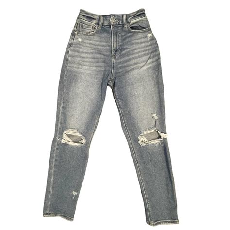 American Eagle Mom Jeans Light Blue Wash With Rips Depop