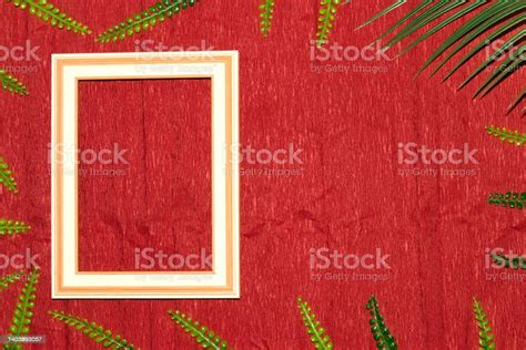 프레임의 왼쪽 빨간색 배경에 나무 프레임과 그 옆에있는 복사 공간 배경 프레임에 정글 잎 창조적 인 예술 디자인 현대 복고풍 스타일 Theatrical Performance