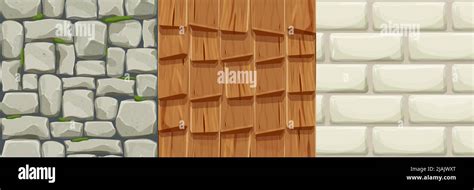 Set Stone And Wood Wall From Bricks Rock Game Background In Cartoon Style Seamless Textured