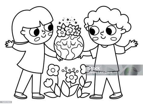 귀여운 흑백 친환경 아이들이 웃는 지구를 손에 들고 있습니다 행성과 환경을 돌보는 라인 소년과 소녀 지구의 날 그림 아이들과 함께하는 생태 벡터 색칠 공부 페이지 귀여운에