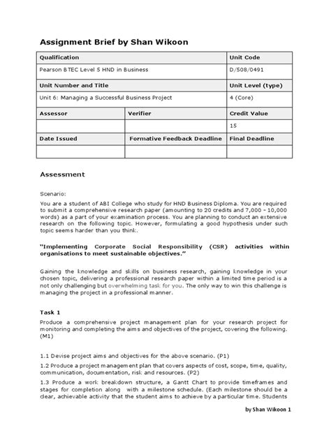 Assignment Brief For Hnd In Business Unit 6 Managing A Successful Business Project Pdf