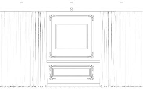 커튼이 달린 두 개의 대형 창문 쪽모이 세공 마룻바닥의 카펫 사이의 고전적인 벽에 수평 포스터가 있는 현대적인 클래식 룸의 스케치 전면 보기입니다 거실에 대한 스톡 사진 및