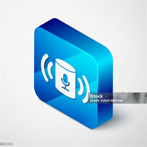 아이소메트릭 음성 길잡이 아이콘 흰색 배경에 고립입니다 음성 제어 사용자 인터페이스 스마트 스피커 파란색 사각형 버튼을 클릭 합니다 벡터 일러스트 0명에 대한 스톡 벡터