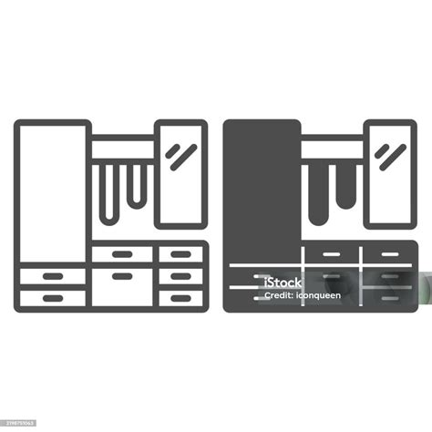 거울과 서랍 라인이 있는 복도와 단단한 아이콘 집 인테리어 컨셉 벡터 그래픽 흰색 배경에 가구 기호 모바일 또는 웹 디자인을위한 윤곽선 스타일 아이콘 가구에 대한 스톡 벡터