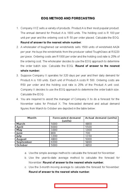 EOQ Method And Forecasting Question EOQ METHOD AND FORECASTING Company XYZ Sells A Variety Of