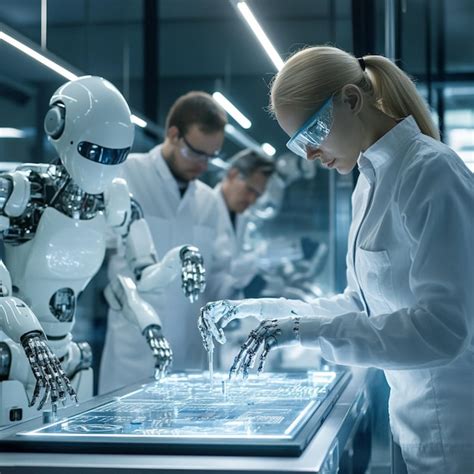 A Team Of Engineers Programming Robots For A Specific Task In A Modern Lab Premium Ai