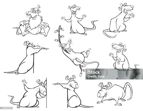 당신이 디자인 및 컴퓨터 게임을위한 귀여운 만화 캐릭터 쥐의 벡터 일러스트 레이션 색칠하기 책 윤곽선 세트 컬러링 북 페이지