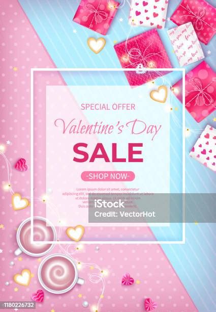 특별 제공 발렌타인 데이 세일 할인 전단지 큰 계절 세일 현실적인 선물 커피 쿠키 화환 하트 모양의 사탕과 수직 웹 배너 배경 벡터 14에 대한 스톡 벡터 아트 및 기타