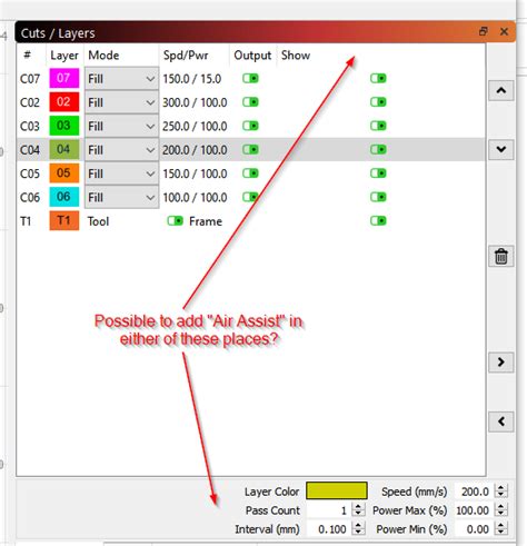 possible to add air assist toggle to layers lightburn software questions lightburn software