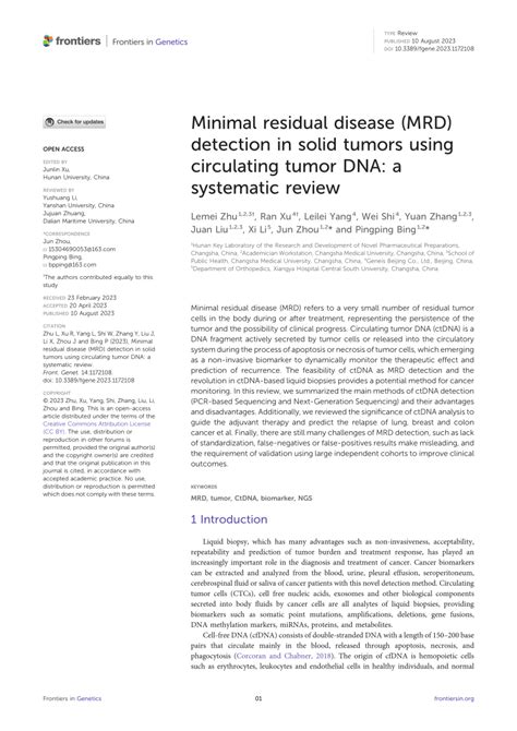 Pdf Minimal Residual Disease Mrd Detection In Solid Tumors Using Circulating Tumor Dna A