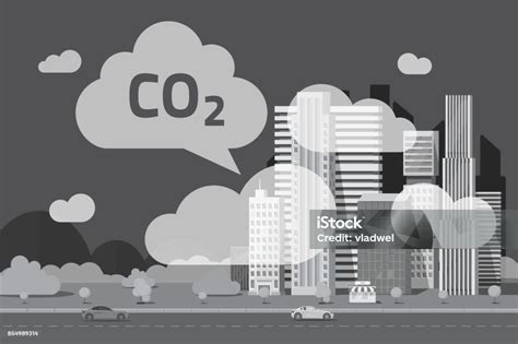 큰 도시 벡터 일러스트 레이 션 평면에 의해 Co2 배출량 만화 도시 현장 또는 이산화탄소 방출 또는 오염 구름 연기 또는 스모그 생태 문제에 의해 온실 가스에 대한 스톡