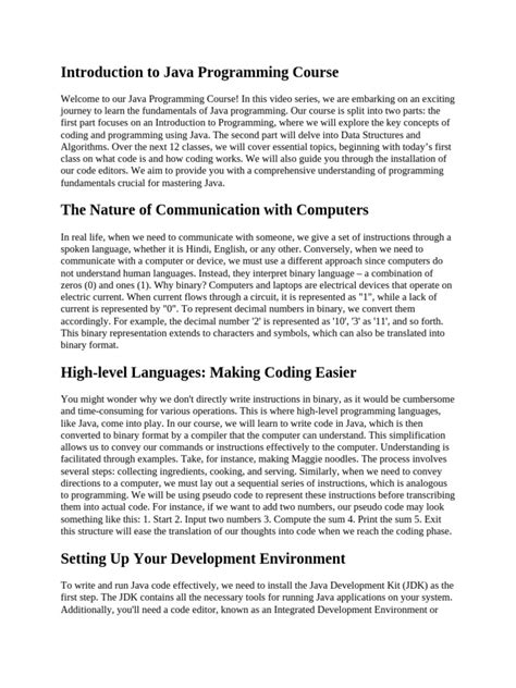 Introduction To Java Programming Course Pdf Computer Programming Java Programming Language