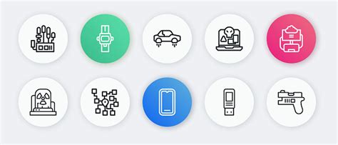 세트 라인 휴대 전화 클라우드 데이터베이스 방사능 경고 램프 Usb 플래시 드라이브 인터넷 불법 복제 환상적인 비행 자동차 미래 무기 및 신경망 아이콘 벡터 Usb 케이블에