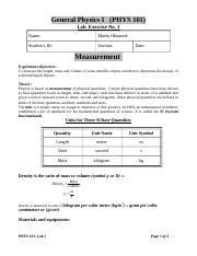 Lab 1 Measurement General Physics I PHYS 101 Lab Exercise No 1 Name Marks Obtained