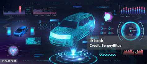 Hud Ui 인터페이스가 있는 다각형 자동 홀로그램 분석 보기에 대한 스톡 벡터 아트 및 기타 이미지 분석 보기 초현대적