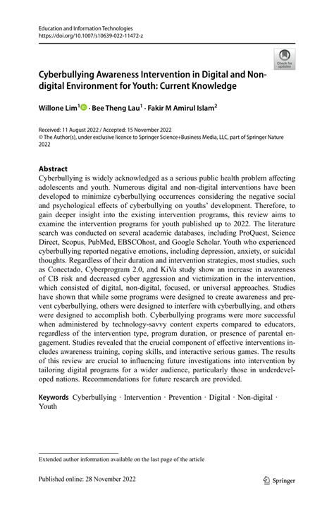 Pdf Cyberbullying Awareness Intervention In Digital And Non Digital Environment For Youth