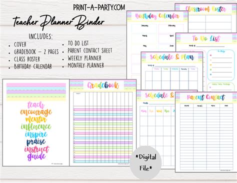 Teacher Planner Gradebook Binder Pages Printable Instant Download Printaparty