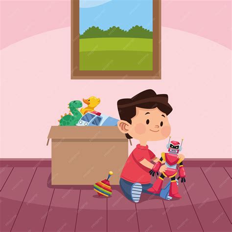 Маленький мальчик играет с роботом | Премиум векторы