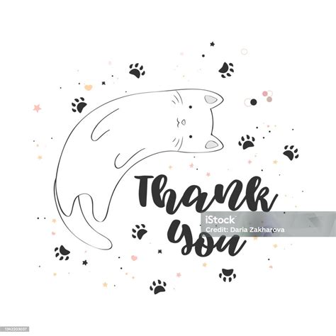 귀여운 라인 아트 고양이와 손으로 그린 글자를 가진 벡터 일러스트는 흰색 배경에 고립 되어 있습니다 티셔츠 프린트 카드 포스터