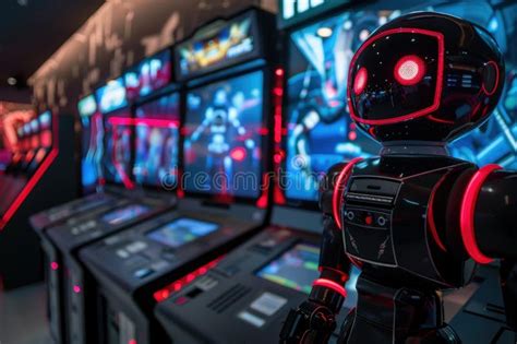 Black And Red Robot Standing In A Gaming Arcade Stock Image Image Of
