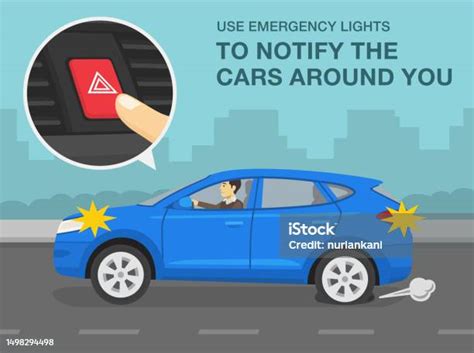 안전 운전 요령 및 교통 규제 규칙 자동차를 운전하는 동안 뒷바퀴에 구멍이 났거나 타이어가 펑크났습니다 비상등을 사용하여 도로에서 주변 차량에 알립니다 거리에 대한 스톡