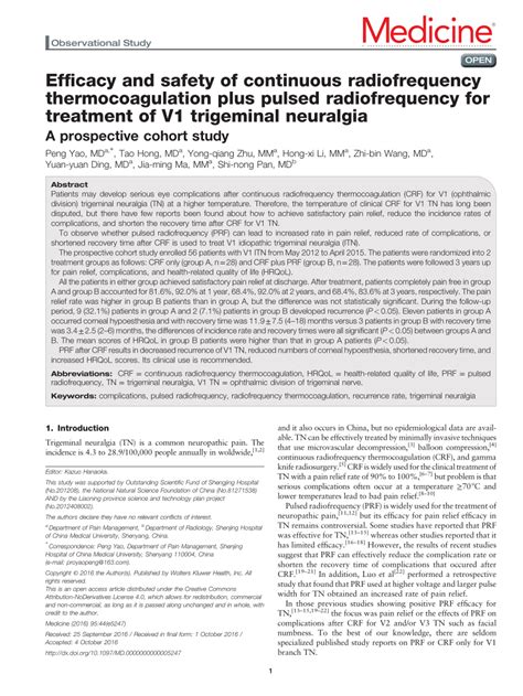 Pdf Efficacy And Safety Of Continuous Radiofrequency Thermocoagulation Plus Pulsed