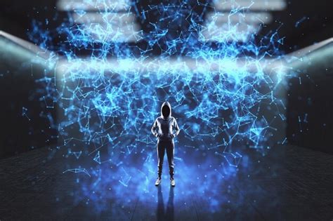 Premium Photo Hacker Standing In Abstract Room Interior With Blue Premium Photo Hacker Standing In Abstract Room Interior With Blue