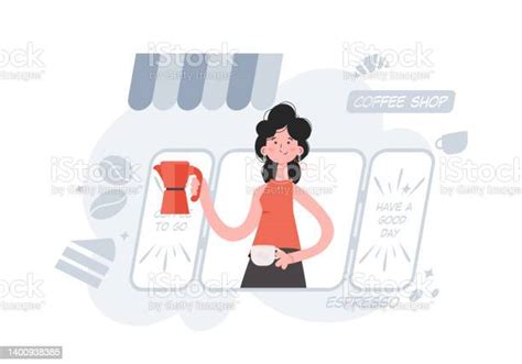 한 여성이 허리 깊숙이 컵과 커피 포트를 들고 손에 있습니다 커피숍 프리젠 테이션 사이트를위한 요소 개념에 대한 스톡 벡터 아트