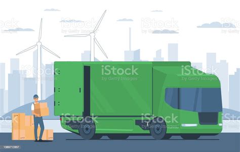직원이 전기 트럭에서 상자를 언로드합니다 벡터 그림입니다 녹색 기술에 대한 스톡 벡터 아트 및 기타 이미지 녹색 기술 배달 직원 Istock