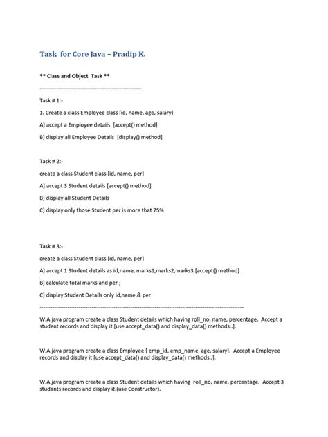 Task For Core Java Pradip K Pdf Method Computer Programming Inheritance Object