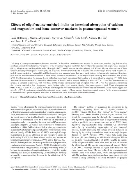 Pdf Effects Of Oligofructose Enriched Inulin On Intestinal Absorption Of Calcium And Magnesium