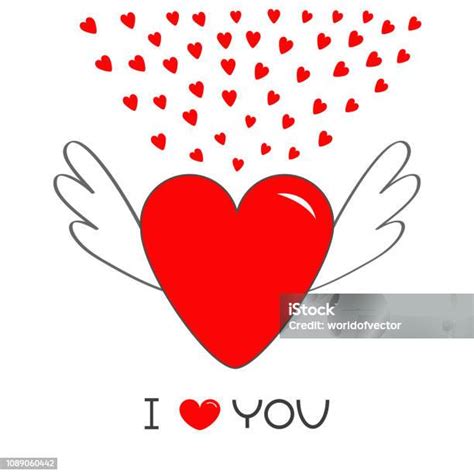 날개와 레드 심장입니다 귀여운 만화 윤곽 기호 기호입니다 날개 빛나는 천사 작은 마음 평면 디자인 스타일입니다 내가 당신을 사랑 하는 텍스트 인사말 카드 격리 흰색
